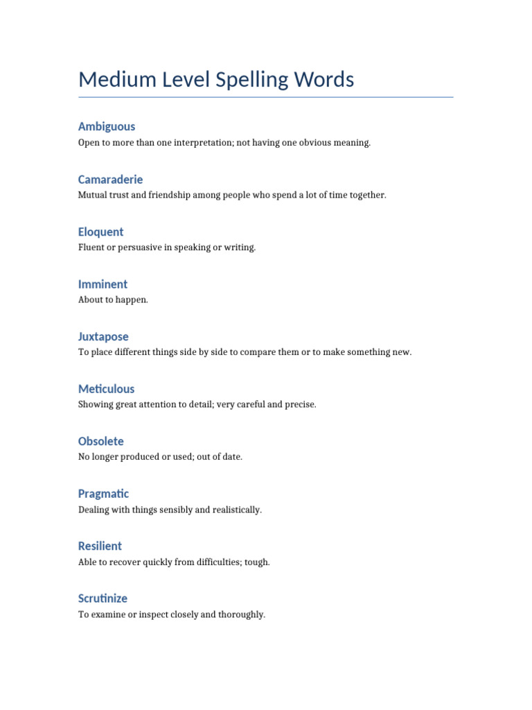 Medium Spelling Words | PDF