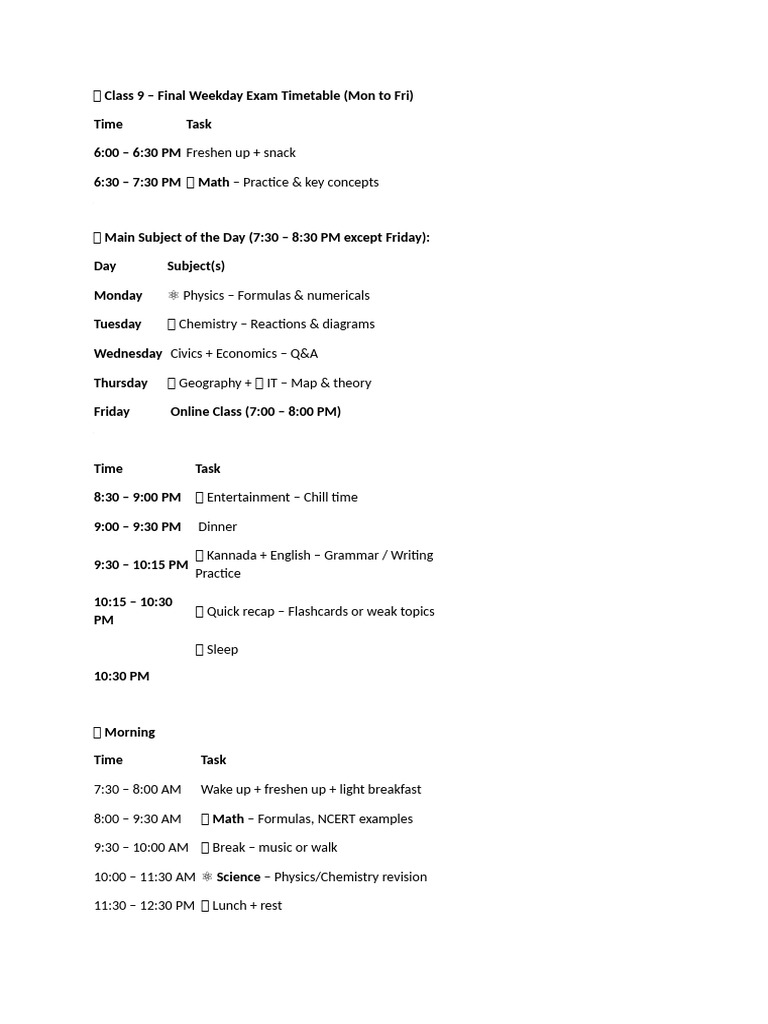 Class 9 Final Exam Study Schedule | PDF