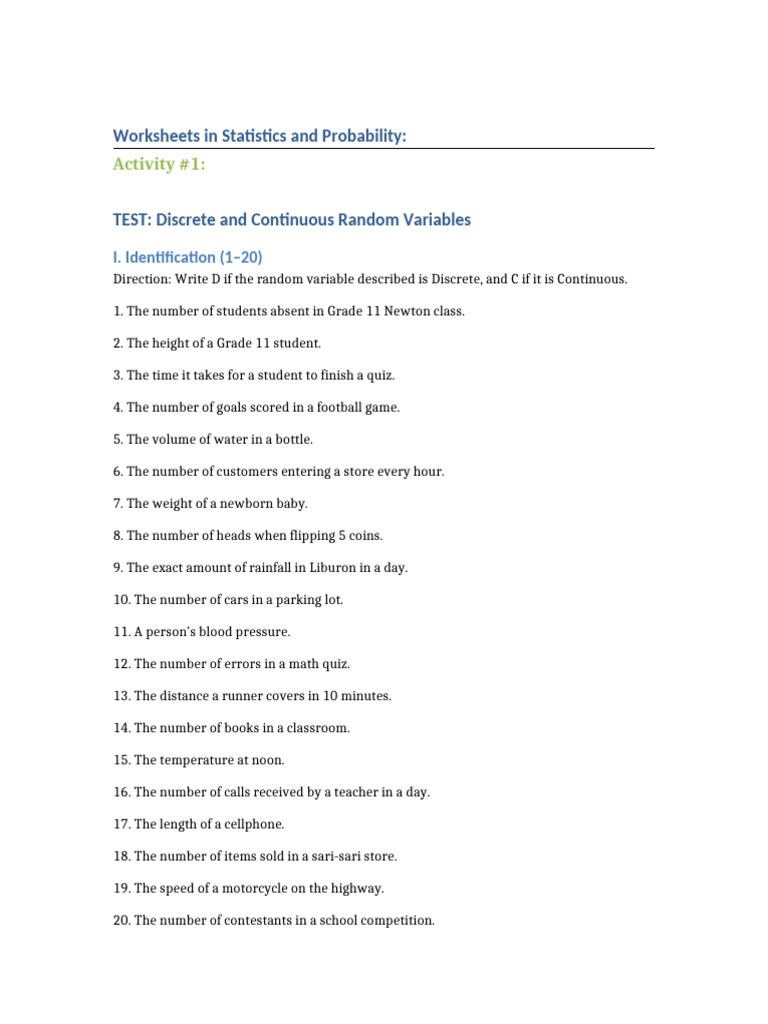 Statistics and Probability Worksheets in RV (1) | PDF | Probability ...