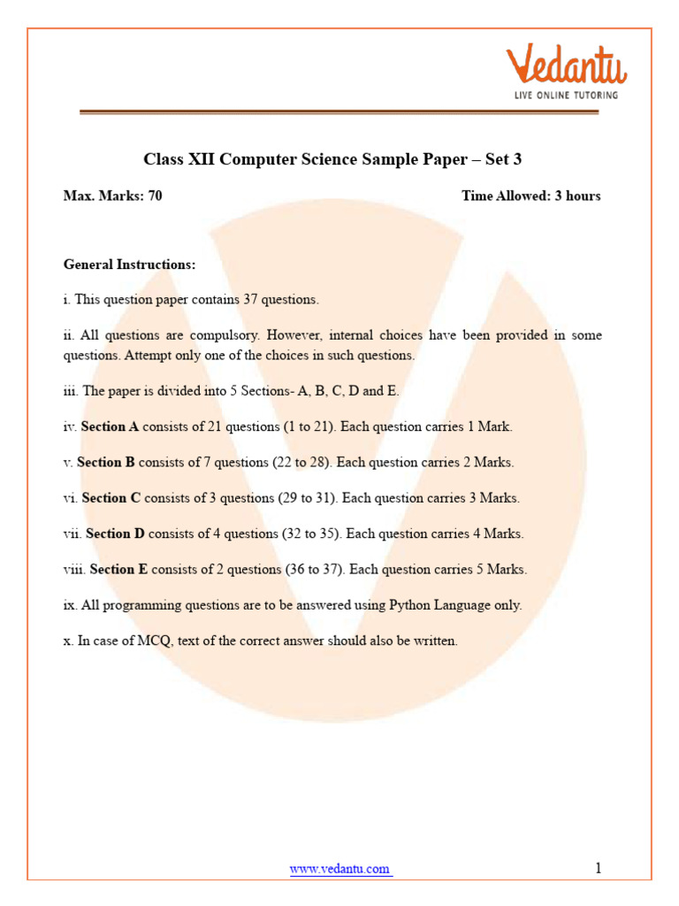 CBSE Class 12 Computer Science Sample Paper Set 3 for 2024-25 FREE PDF ...