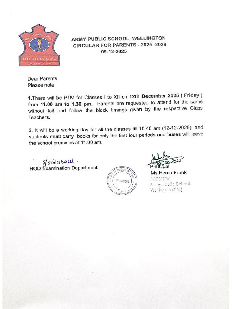 Circular for Students Regarding PTM on 12 Dec 2025 | PDF