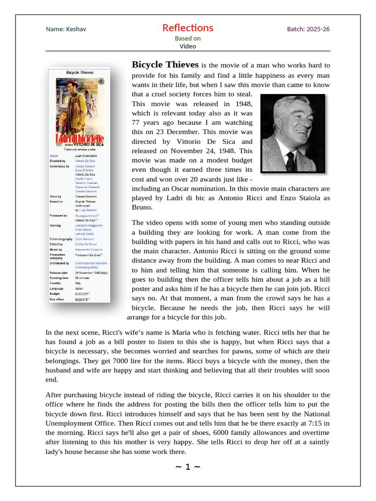 Bicycle Thief - Movie Reflection, 2025-26 | PDF