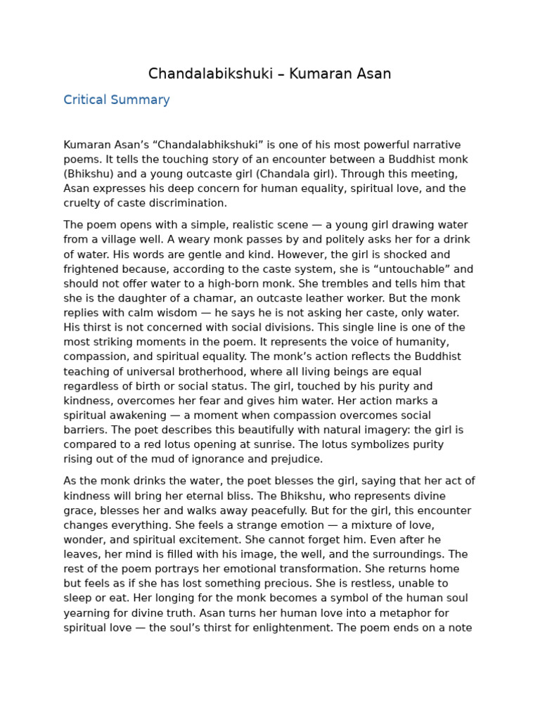 Kumaran Asan's Chandalabhikshuki Analysis | PDF | Love | Spirituality