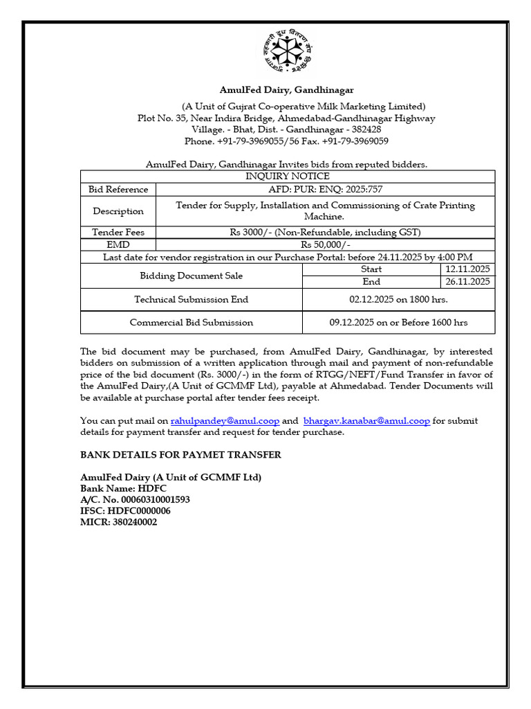 Tender for Supply Installation and Commissioning of Crate Printing ...