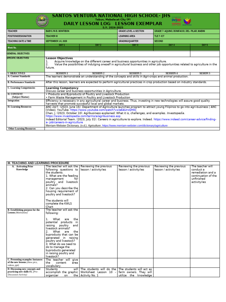 Grade 7 TLE Daily Lesson Log: Agri-Business | PDF | Learning | Intelligence