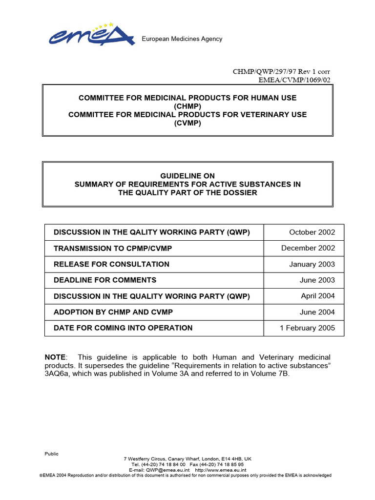 Guideline Summary Requirements Active Substances Quality Part Dossier | PDF