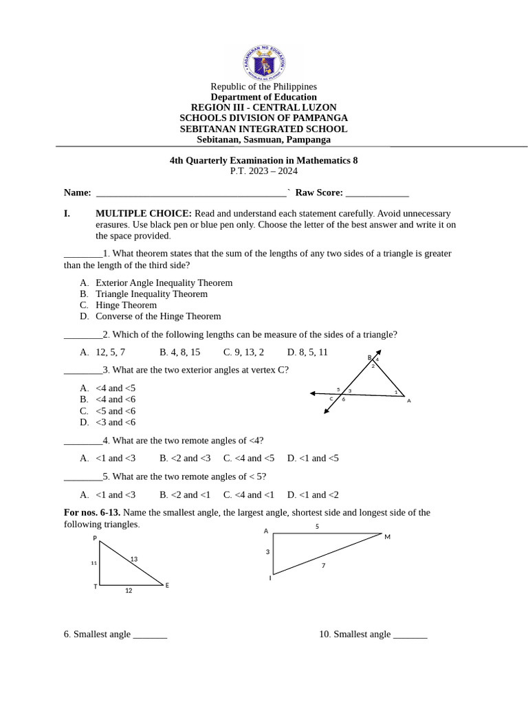 4th Quarter Exam MATH8 | PDF | Triangle | Theorem