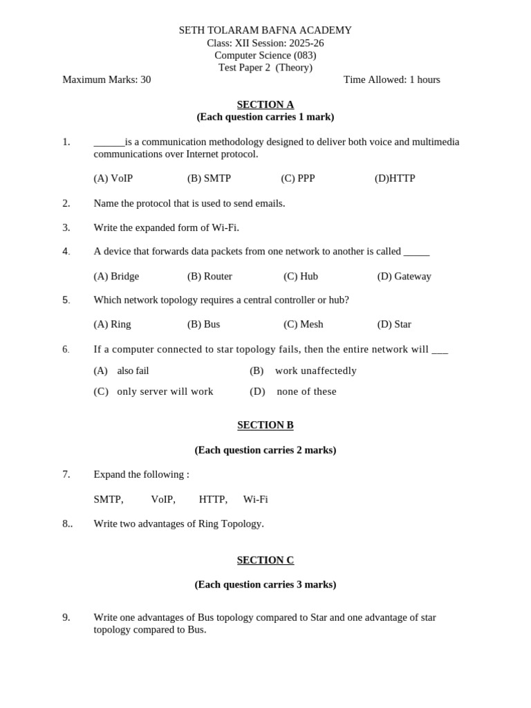 Class XII Computer Science Test Paper | PDF | Computer Network ...
