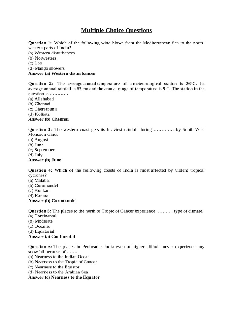 Geography Question Bank | PDF | Monsoon | Soil