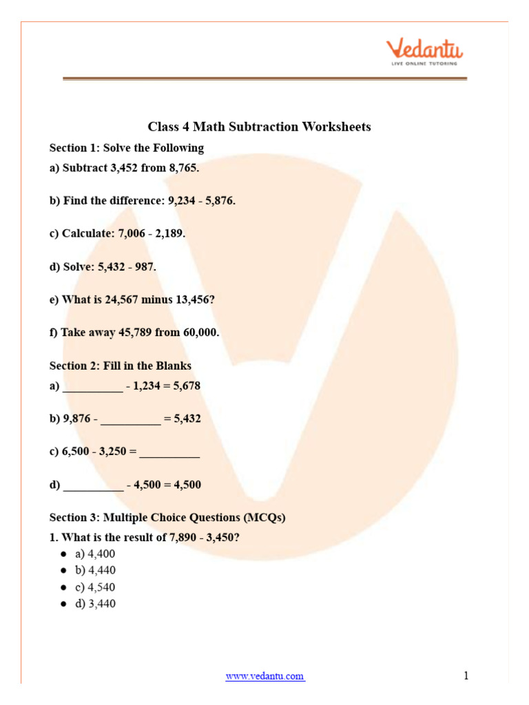 Class 4 Maths Subtraction Worksheet PDF _ Free Printable Practice | PDF | Subtraction | Arithmetic