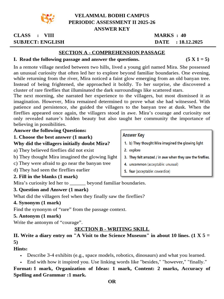 Class VIII English Assessment Answer Key | PDF