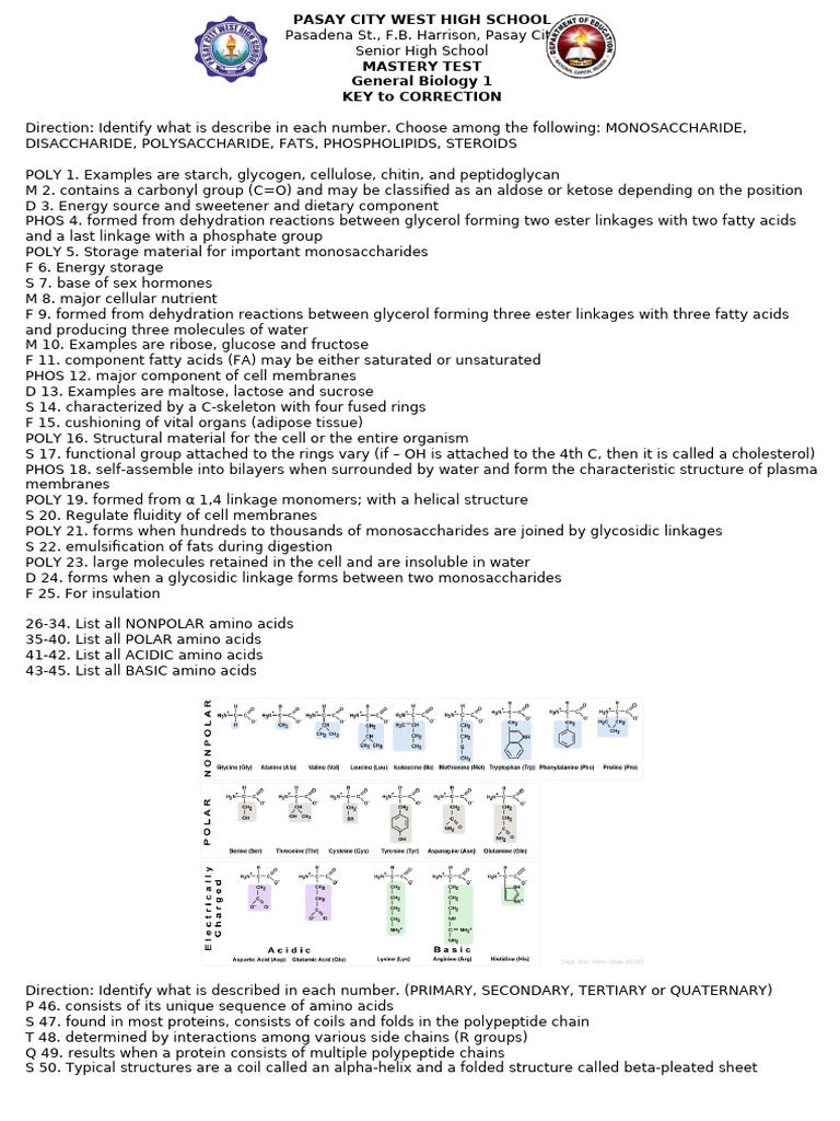 Mastery Test.carbohydrates, Lipids, Proteins.key to Correction | PDF ...