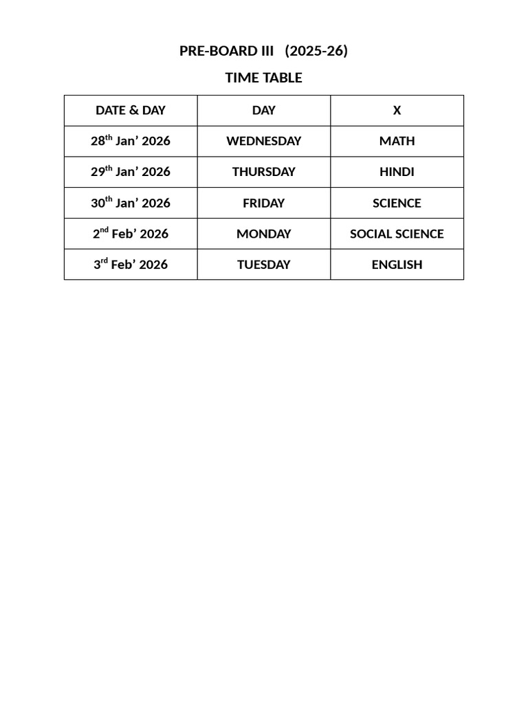 Pre-board Time Table | PDF