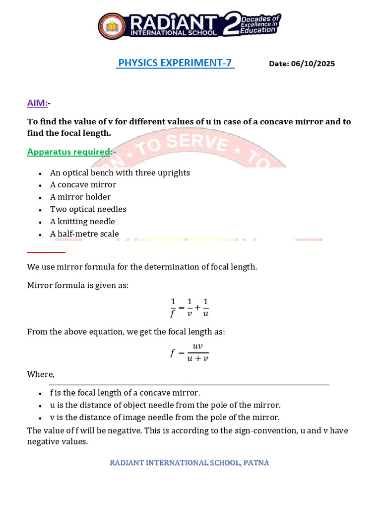 PHY EXP-7 12TH - | PDF | Mirror | Optics