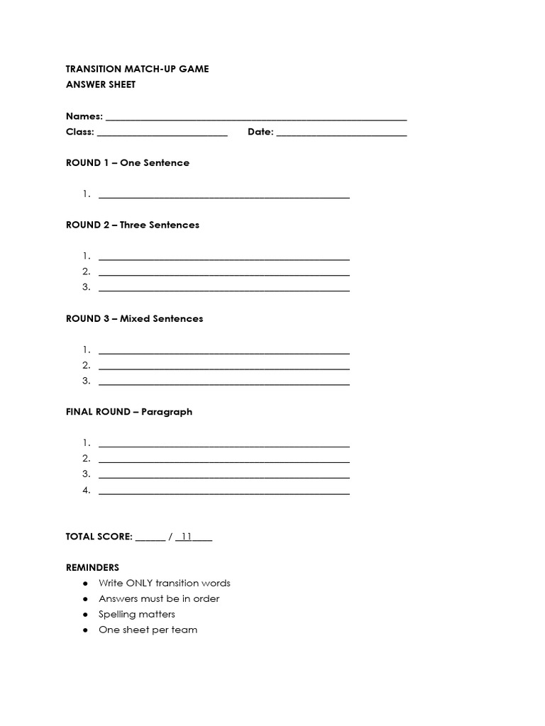 Transition Match-up Game | PDF