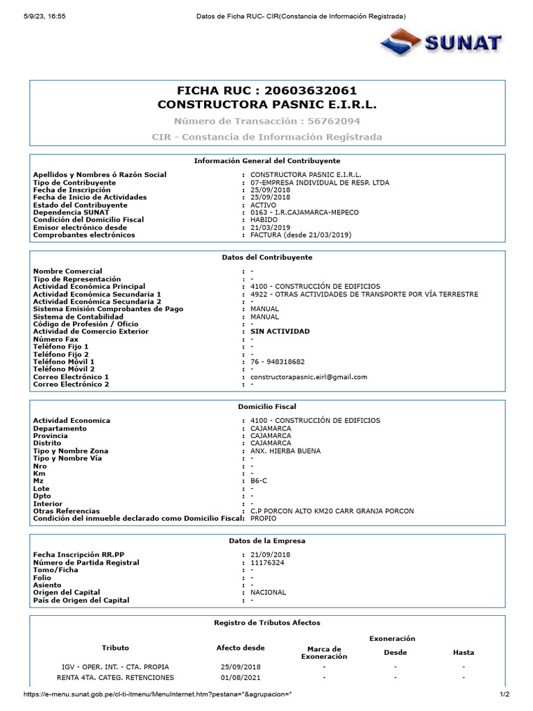 Ficha RUC Constructora Pasnic E.I.R.L. | PDF | Industrias de servicio