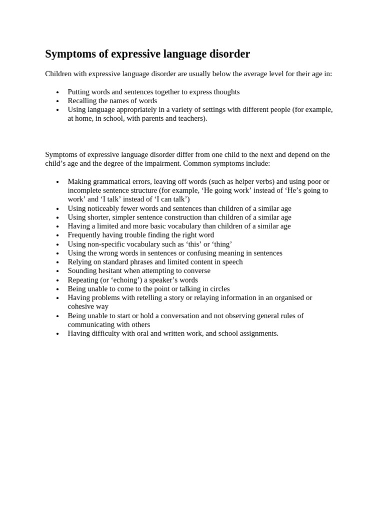 Symptoms of Expressive Language Disorder | PDF