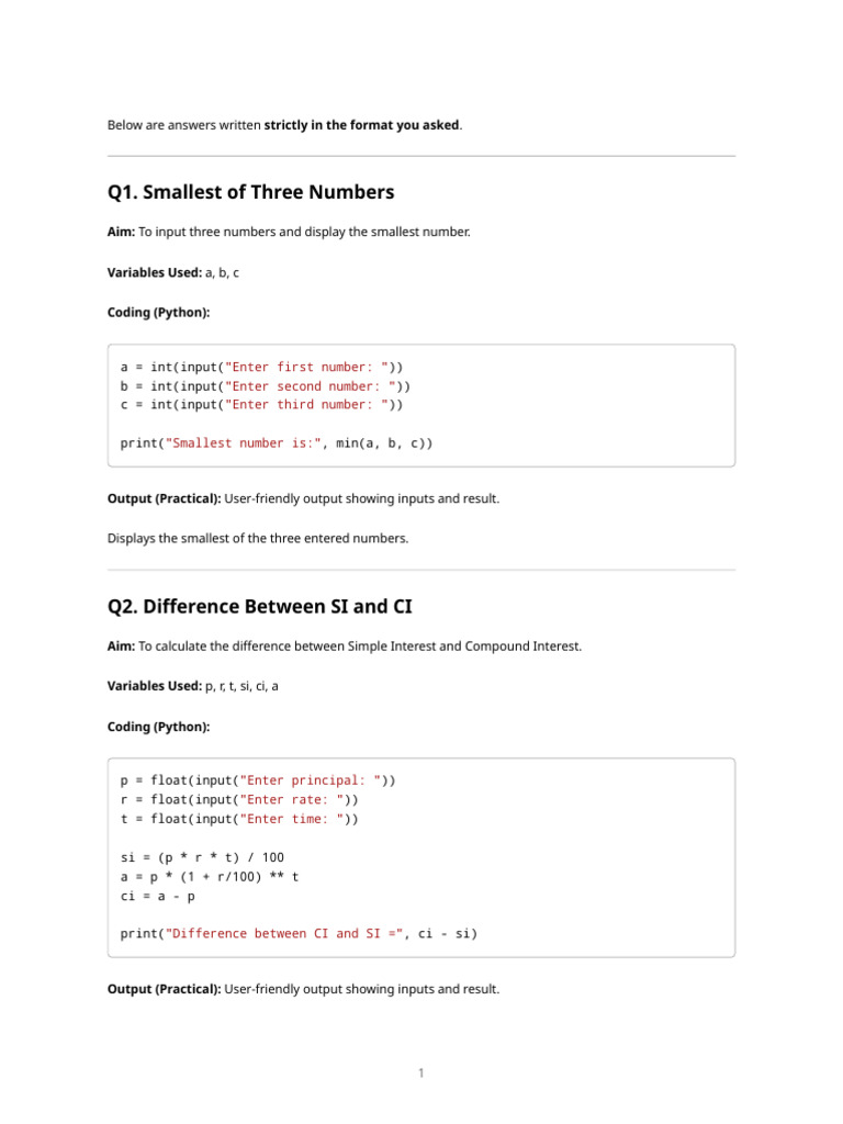 Python and SQL Answers (Aim–Variables–Code–Output) | PDF | Area ...