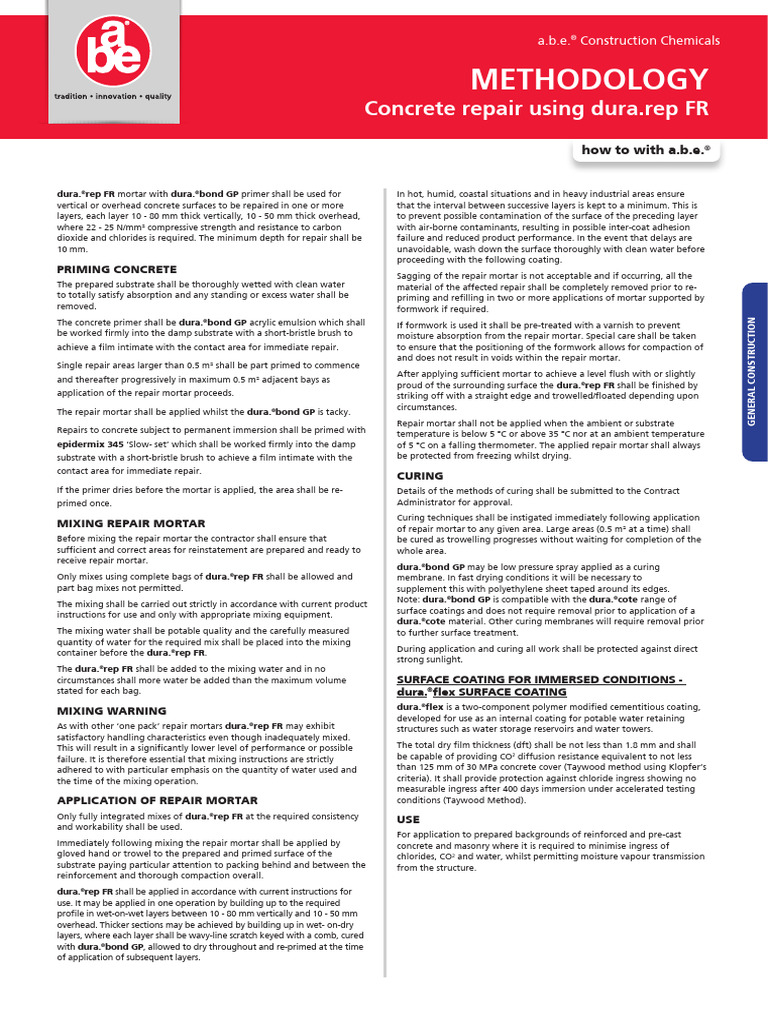 Methodology Concrete repair using Dura Rep FR | PDF | Concrete | Coating