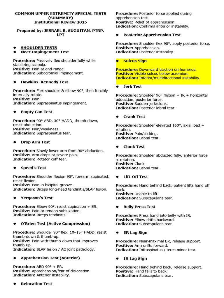 Essential Upper Extremity Tests Guide | PDF | Elbow | Anatomical Terms ...