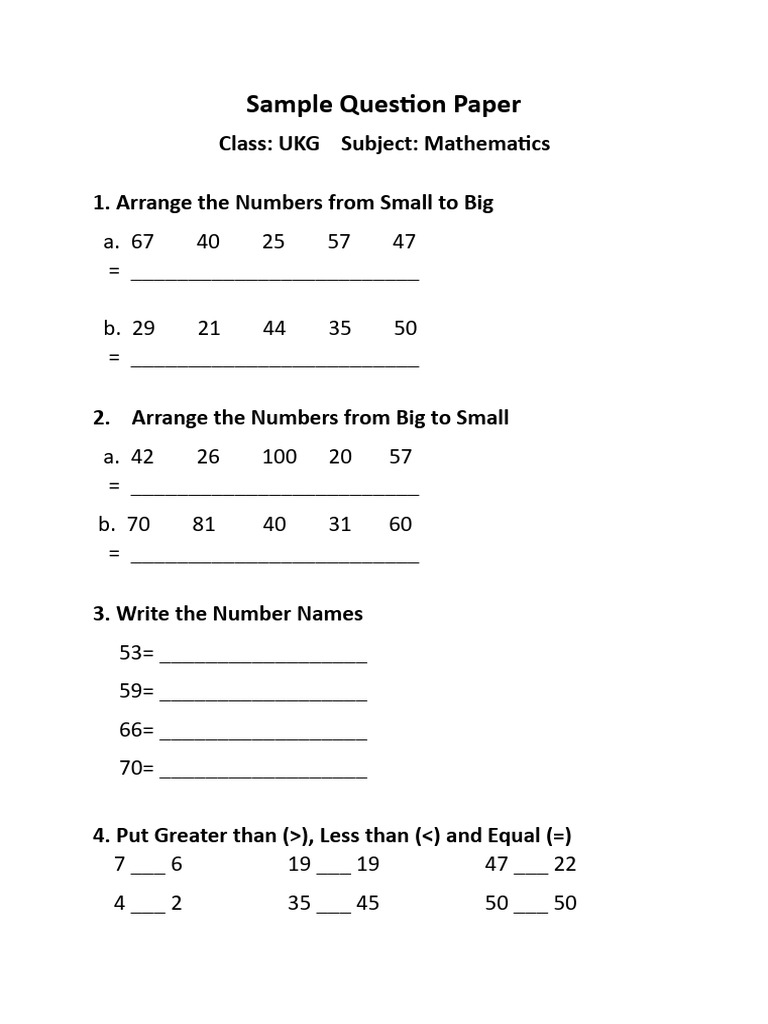 UKG Mathematics Sample Question Paper | PDF