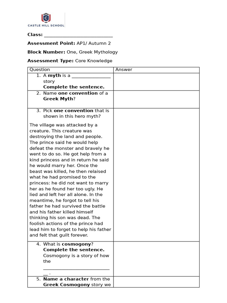 Greek Mythology Assessment Questions | PDF