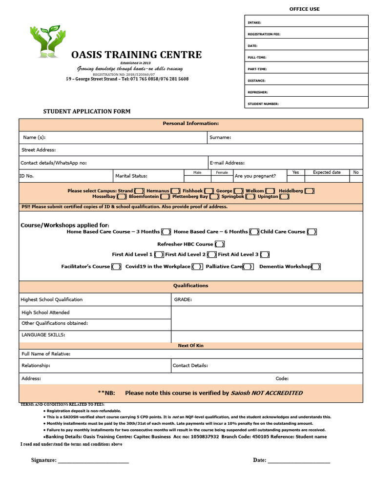 Oasis Training Centre Student Application | PDF