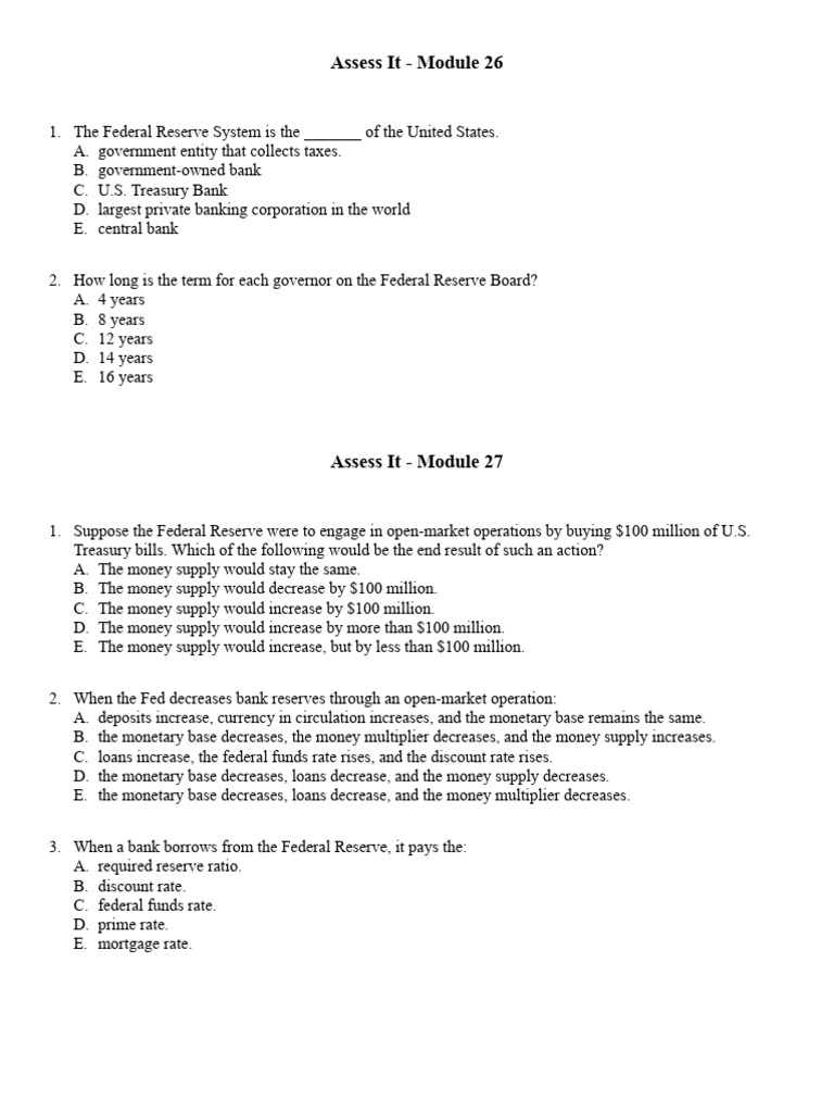 Federal Reserve System Quiz Questions | PDF