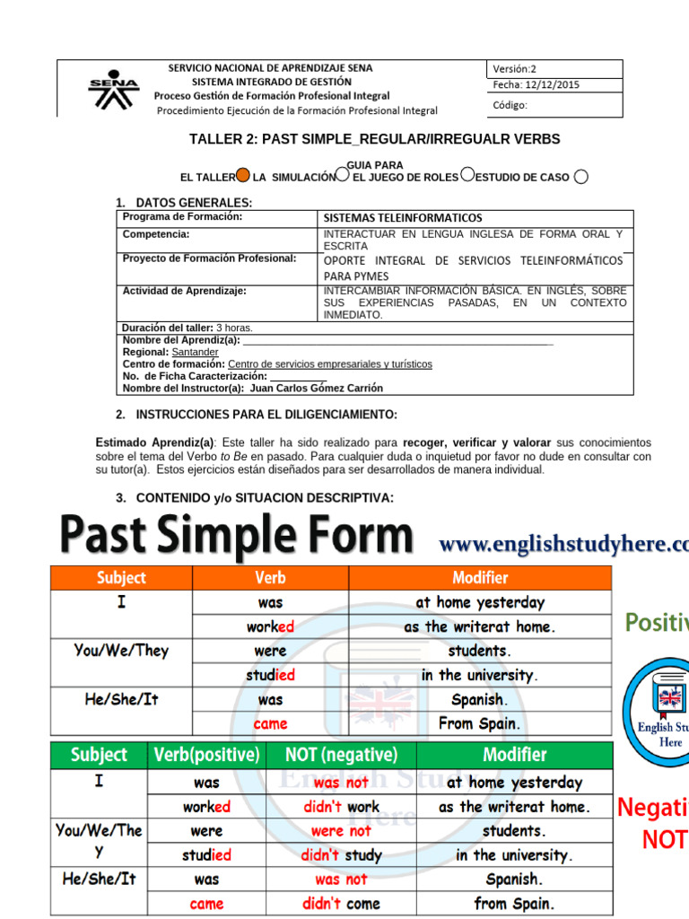 WORKSHOP 2 - PAST SIMPLE REGULAR AND IRREGULAR VERBS | PDF