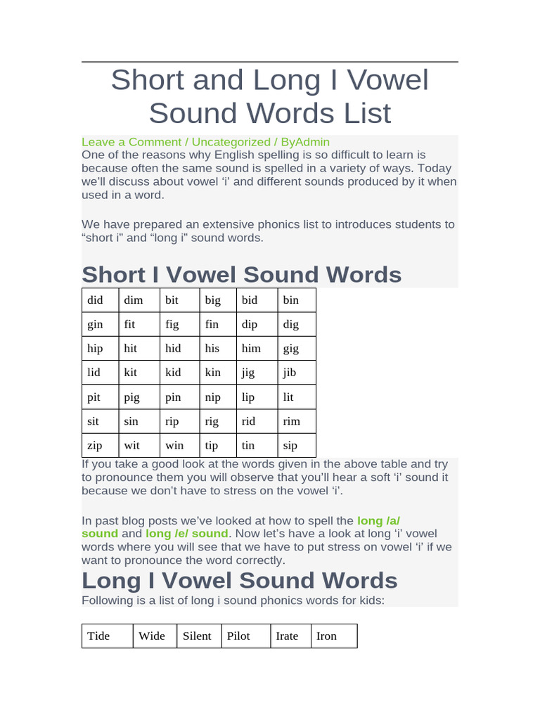 Short and Long I Vowel Sound Words | PDF | Vowel | Phonics