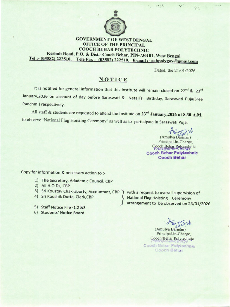 Cooch Behar Polytechnic Closure Notice | PDF