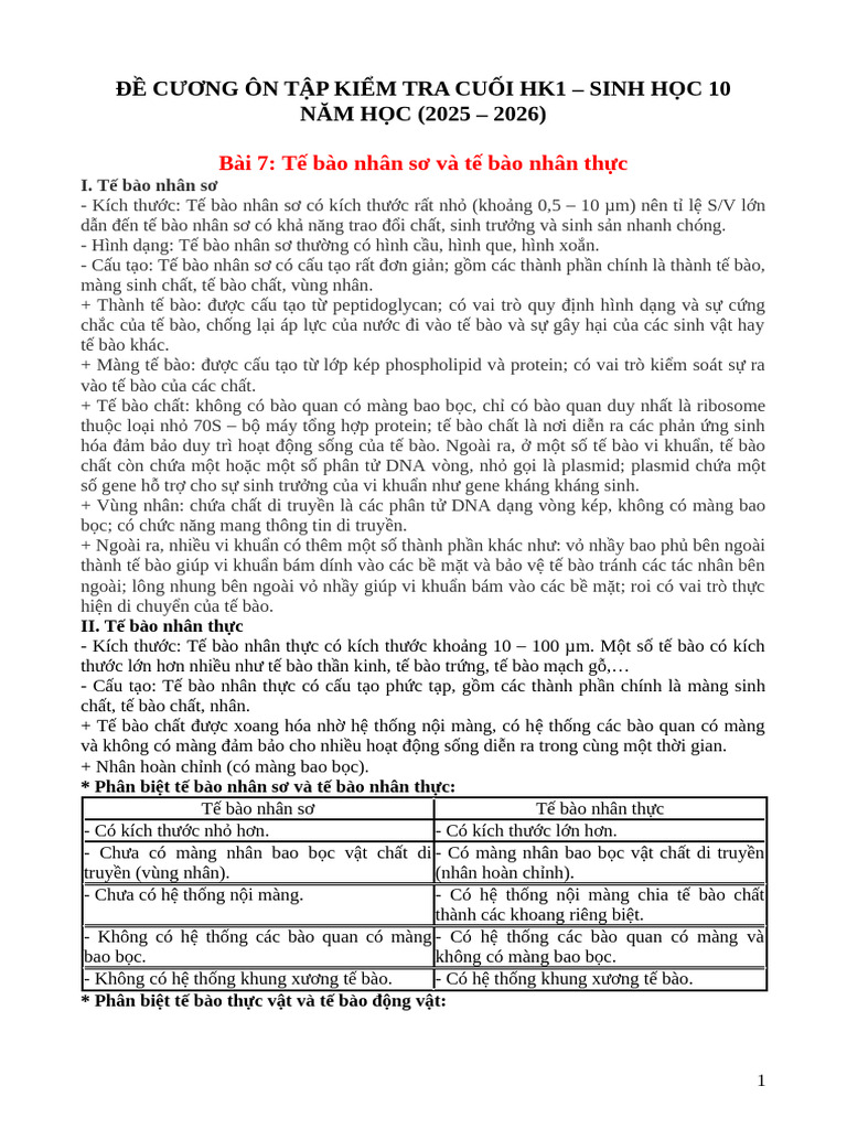 De Cuong Ck1 Sinh 10 | PDF