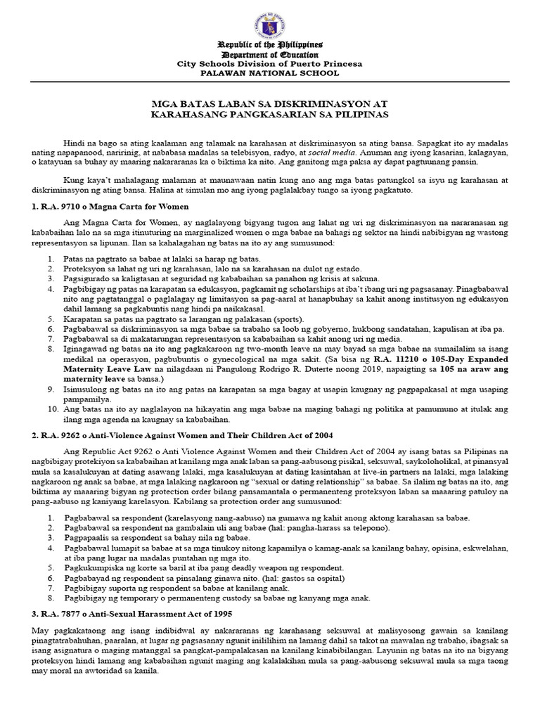 Mga Batas Sa Laban Sa Karahasan at Diskriminasyon | PDF