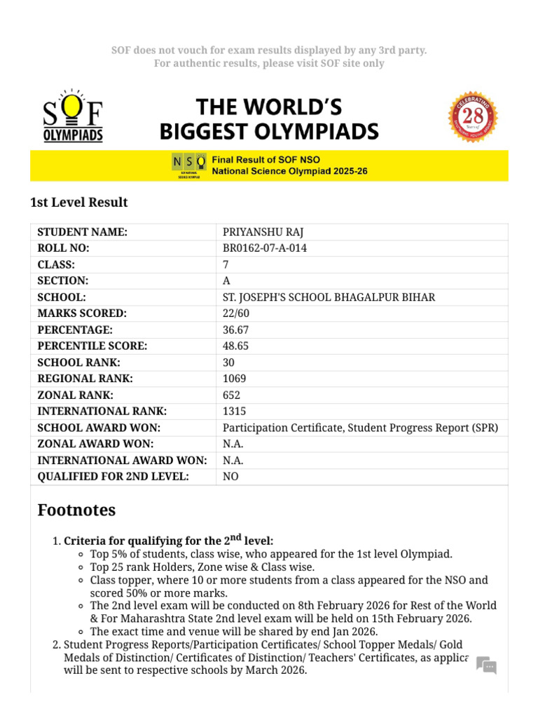 Resuts _ Science Olympiad Foundation | PDF