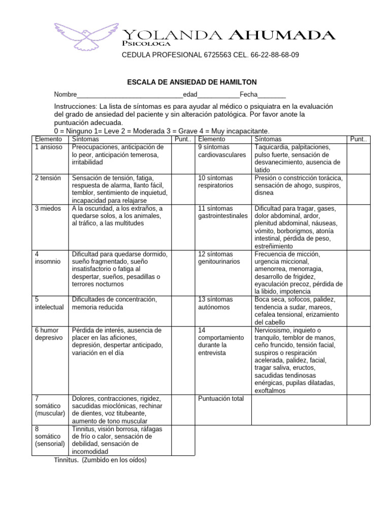 Escala de Ansiedad de Hamilton: Evaluación | PDF | Depresión (estado de ...
