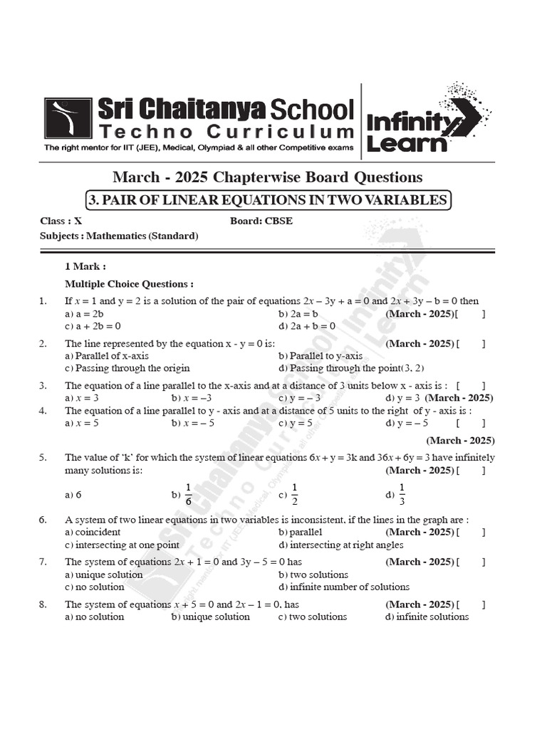 3. Pair of Linear Equations in Two Variables | PDF | Cartesian ...