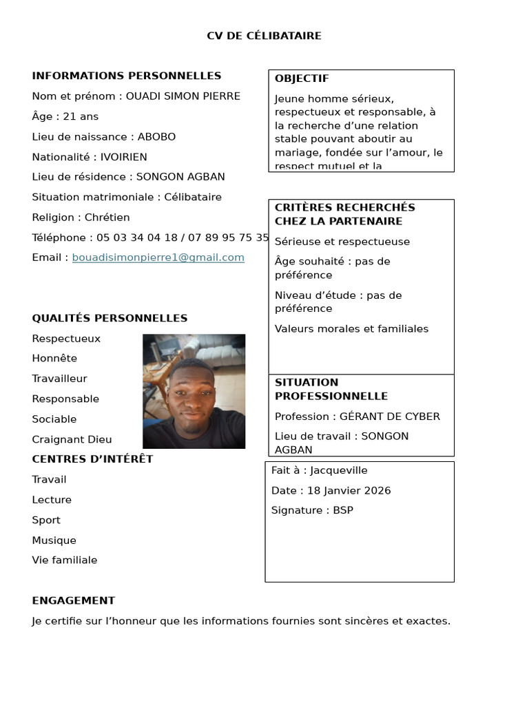 CV de Simon Pierre Ouadi, Célibataire | PDF