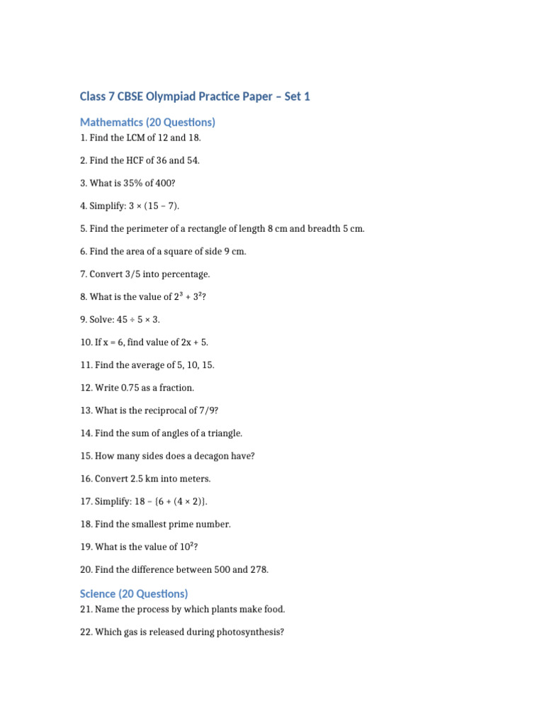 Class 7 Olympiad Practice Set 1 | PDF | Verb | Syntax