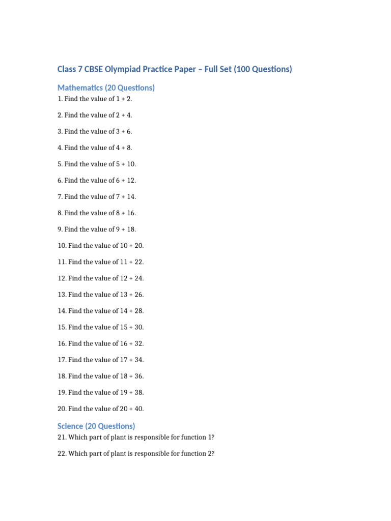 Class 7 Olympiad Practice Paper 100 Questions | PDF | Chess | Chess Theory
