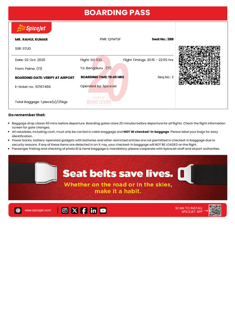 Boarding Pass PNR QYMTSF02 Oct 2025PatnatoBengaluruforMR.rahuLKUMAR ...
