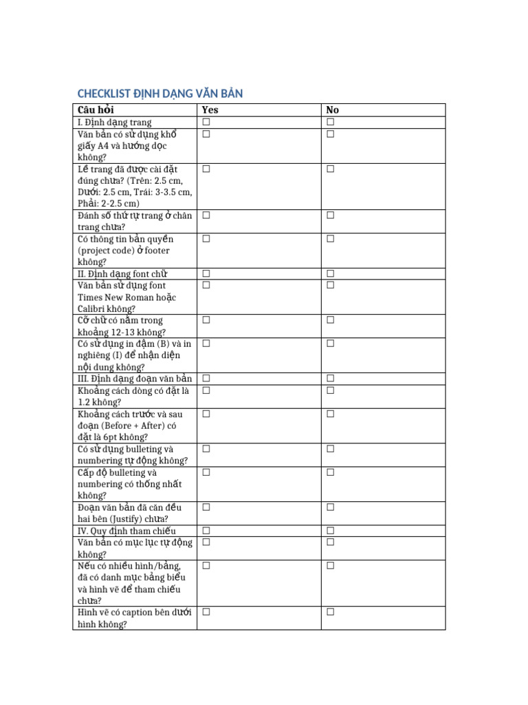 Checklist Dinh Dang Van Ban Yes No | PDF