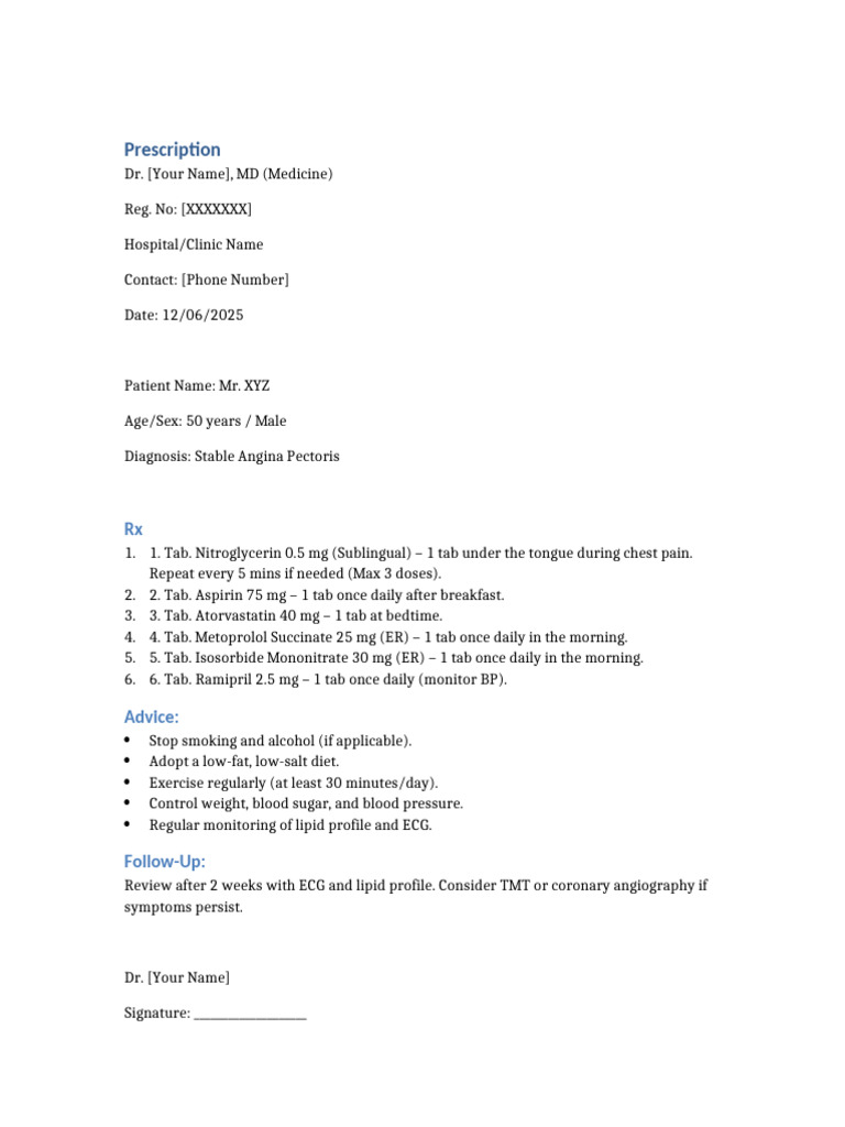 Prescription for Stable Angina Management | PDF