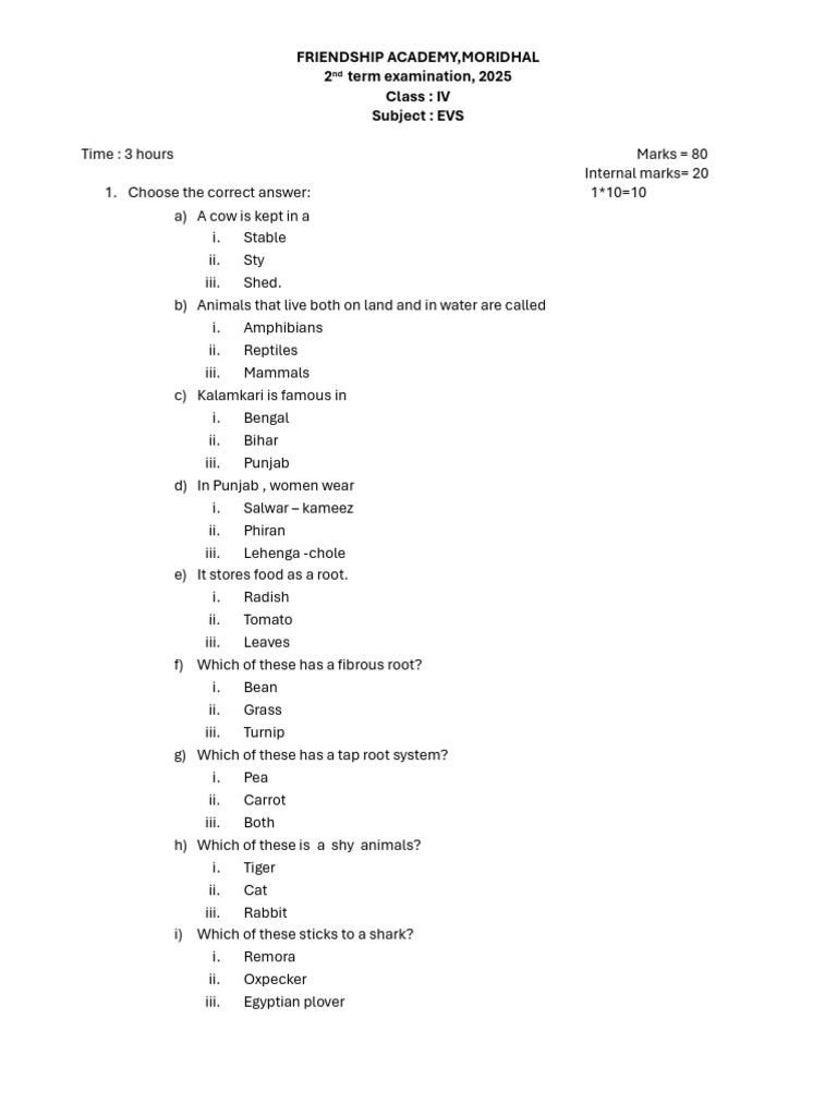 class iv evs paper | PDF | Zoology