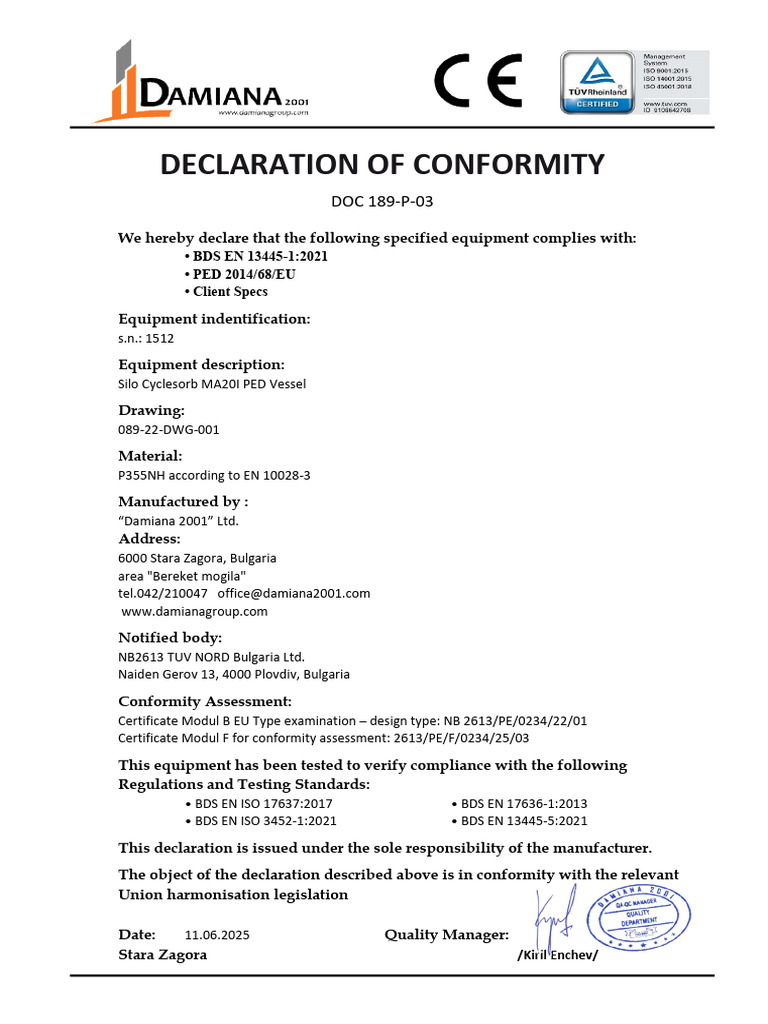 Declaration of Conformity for PED Vessel | PDF