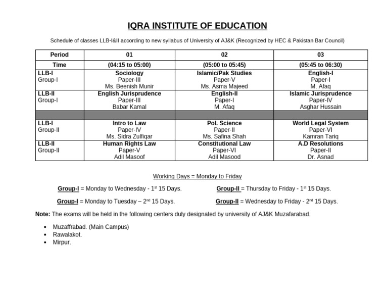 LLB Class Schedule - IQRA Institute | PDF