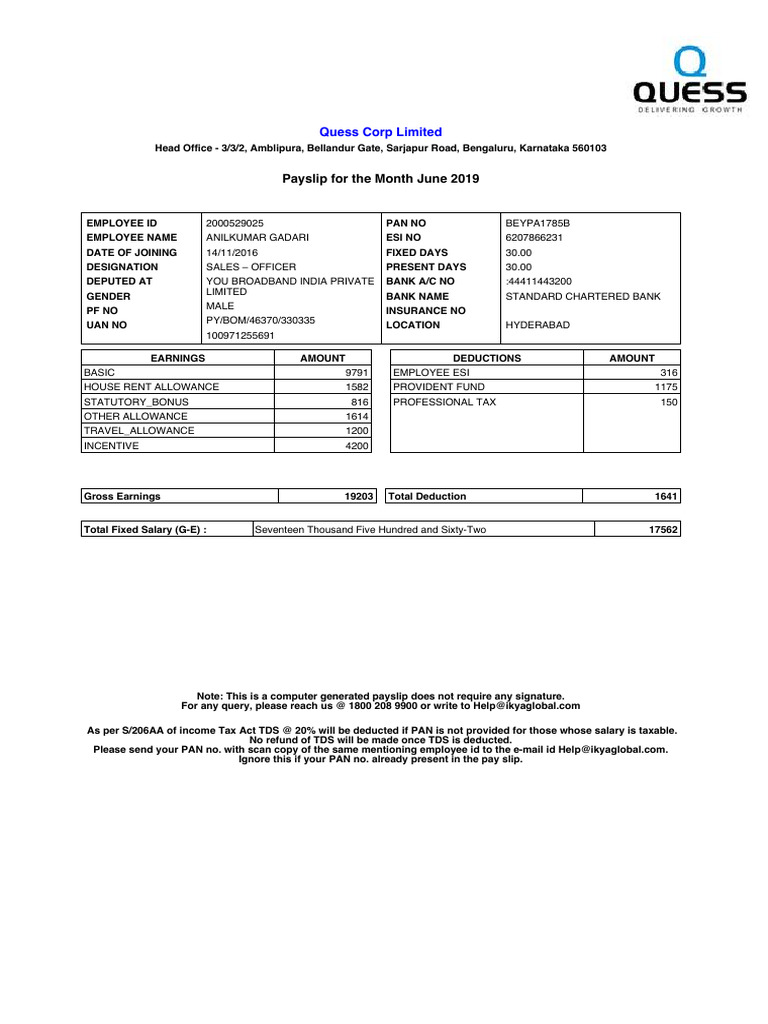 June 2019 Payslip for Anilkumar Gadari | PDF | Tax Deduction | Paycheck