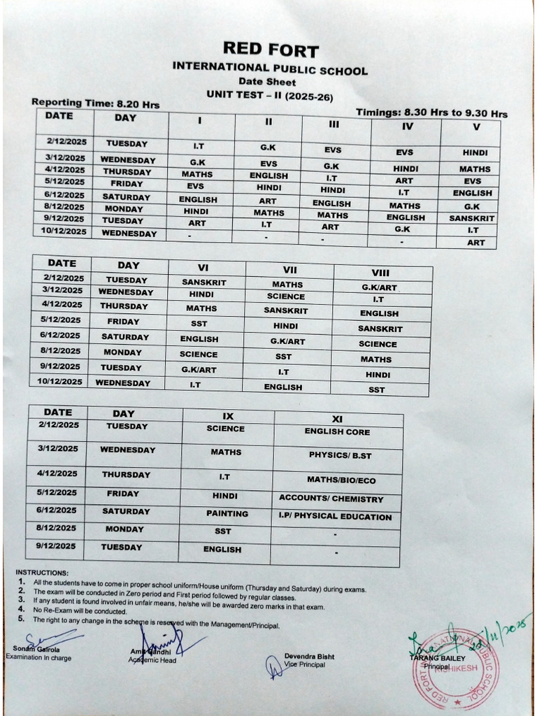Unit Test - 2 Date Sheet (2025-2026) | PDF