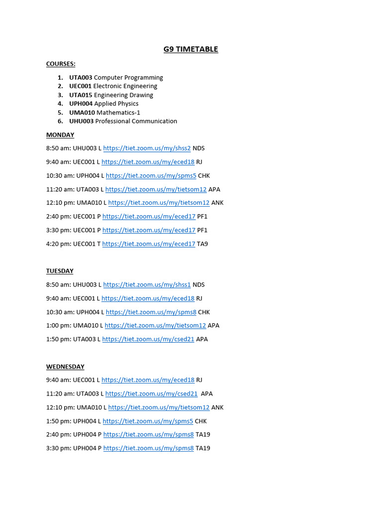 G9 Course Timetable and Schedule | PDF