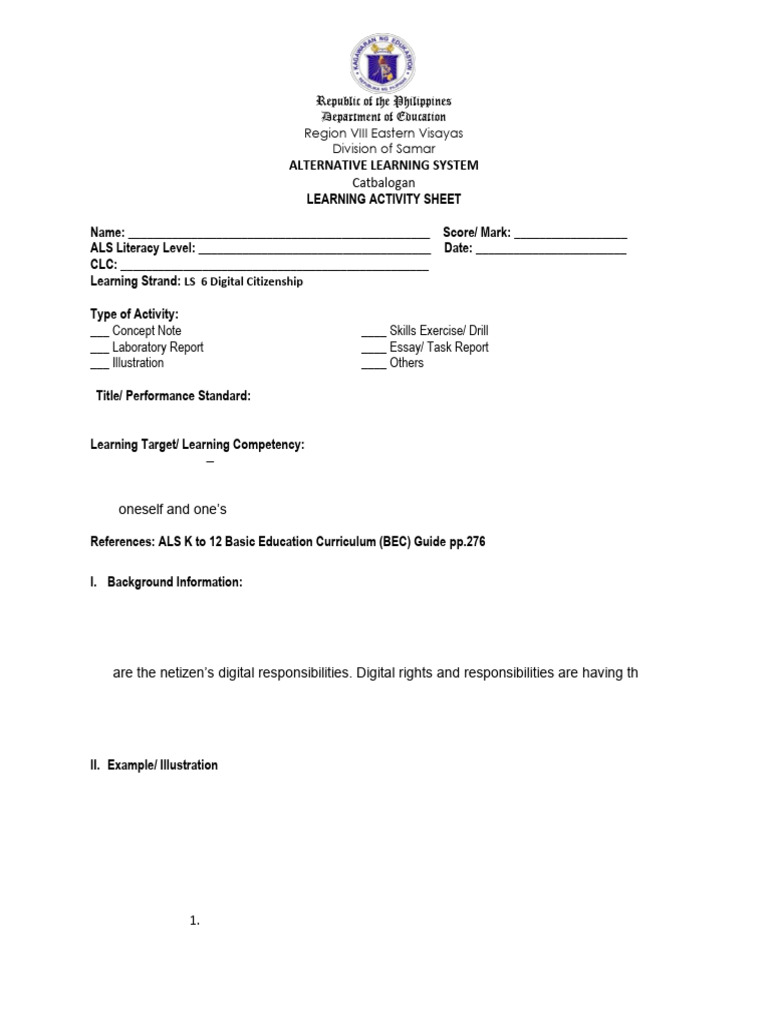 Digital Citizenship Learning Activity Sheet | PDF | Privacy | Human ...