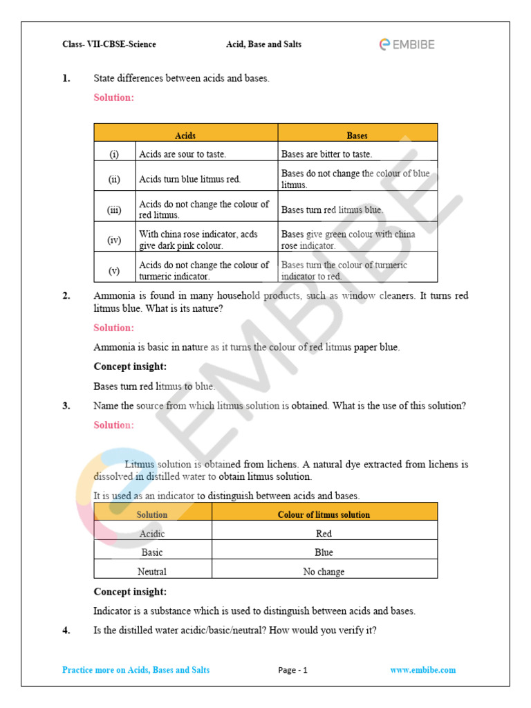 NCERT G7 BOC Chemistry Acids Bases and Salts1 | PDF | Acid | Salt (Chemistry)